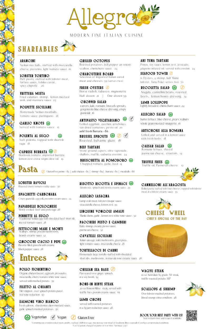 Menu | Allegro | San Diego Italian Restaurant